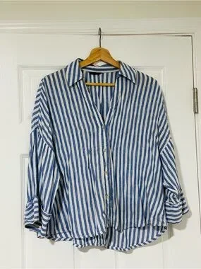 Tops | Blue And White Vertical Stripe Buttonup Shirt | Poshmark
